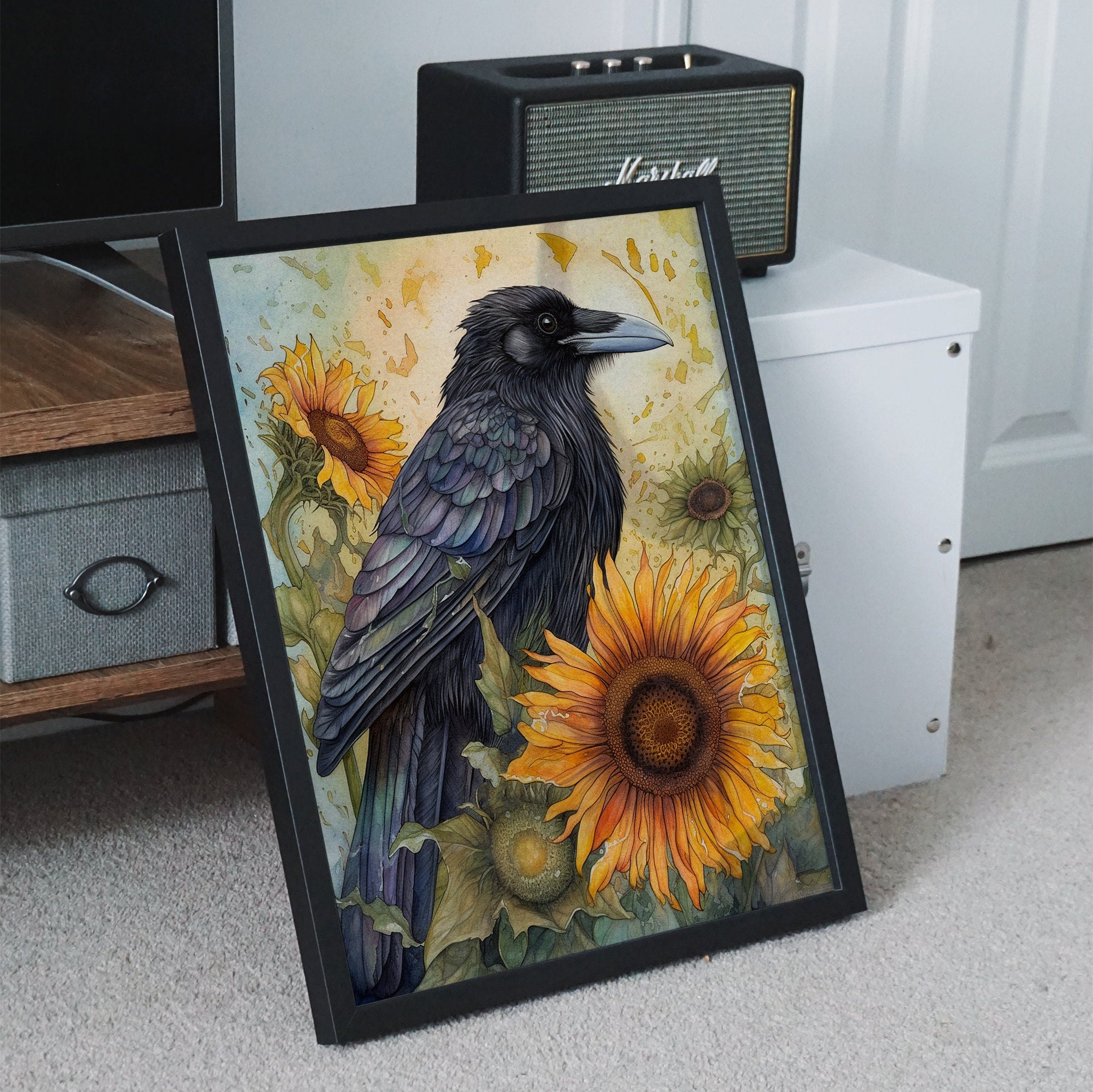 Moody Raven Wall Art Sunflower Crow Gift for Him Corvus Art Decor Raven ...