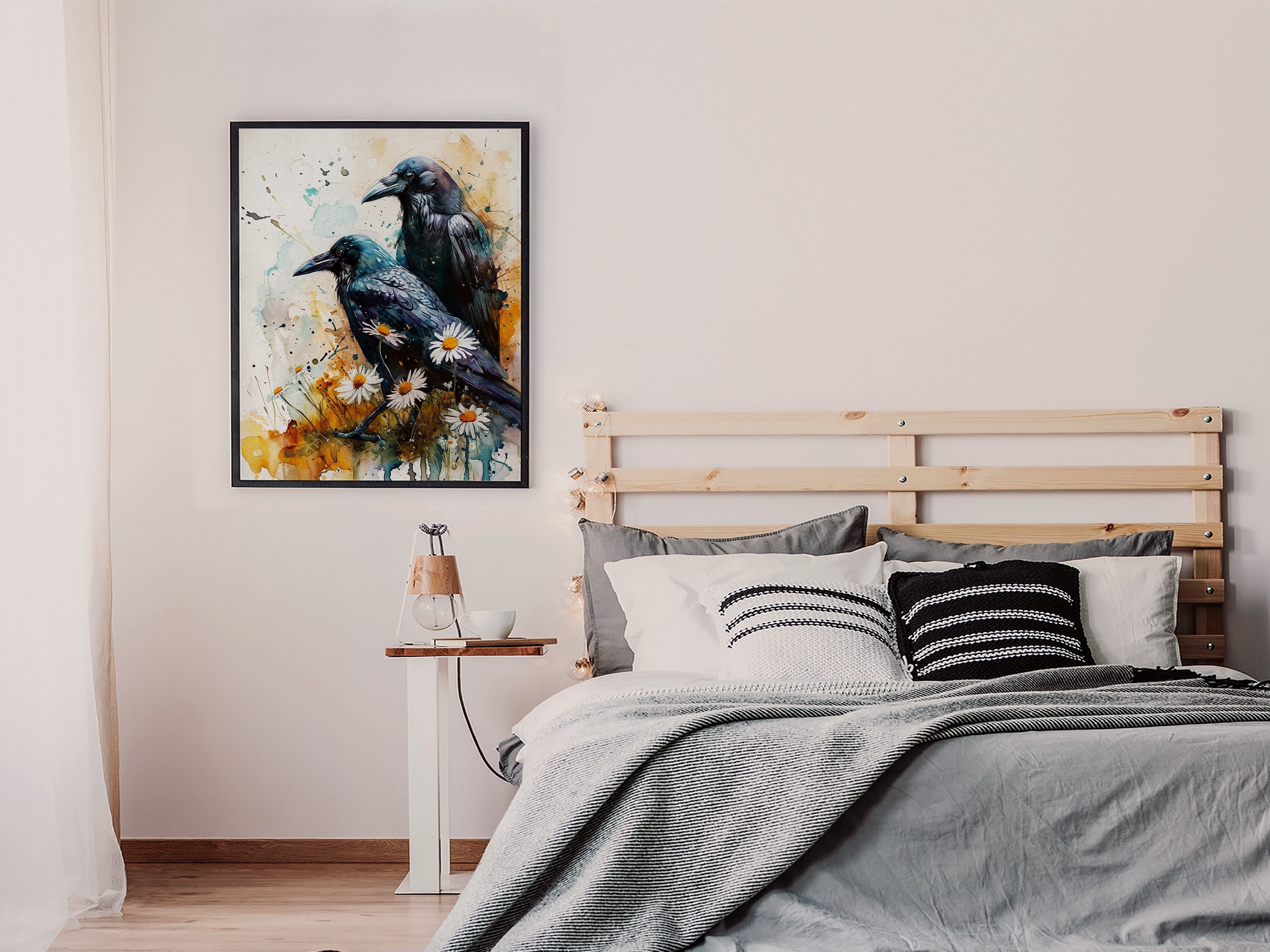 Moody Raven Wall Art Daisy Crow Art Gift for Him Corvus Art Decor Daisy ...