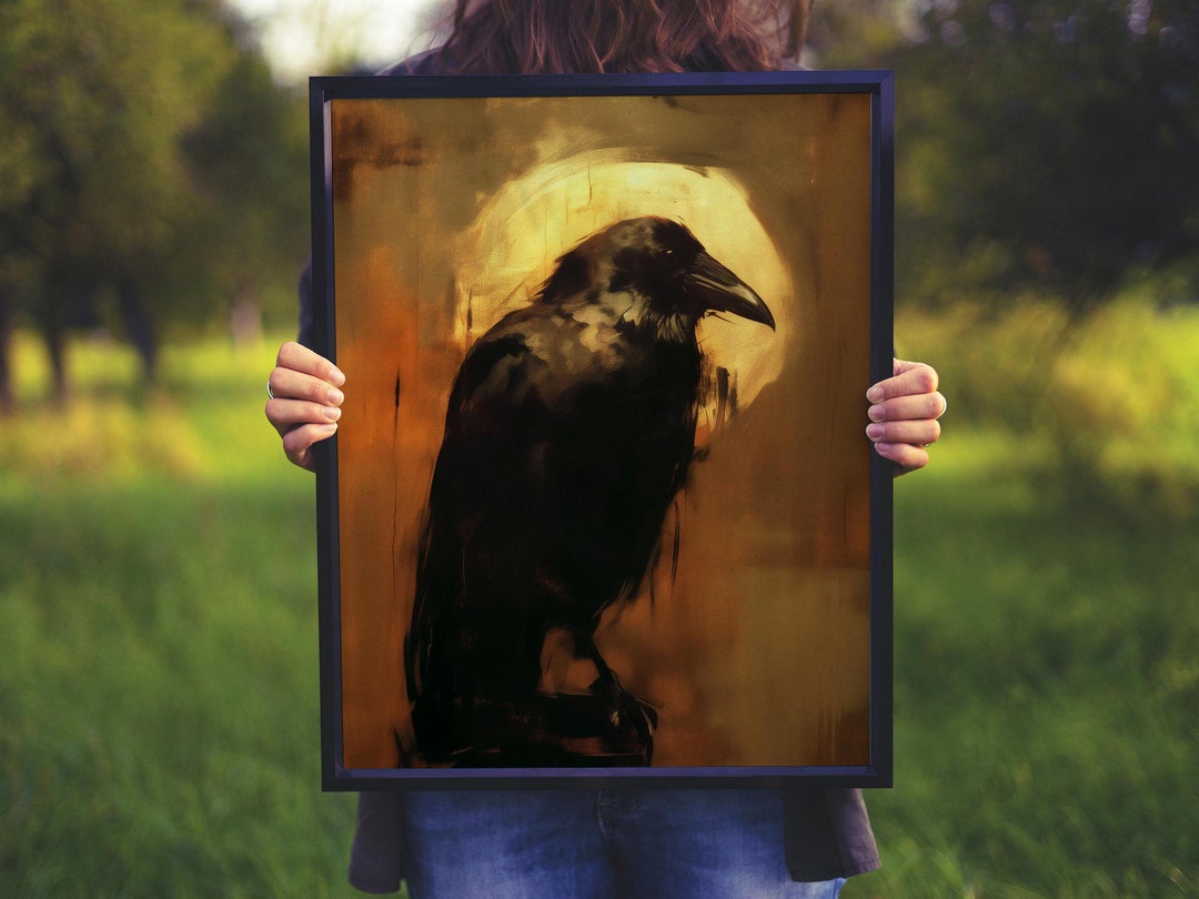 Full Moon Raven Art Gift for Him, Physical Corvus Art Decor, Majestic ...