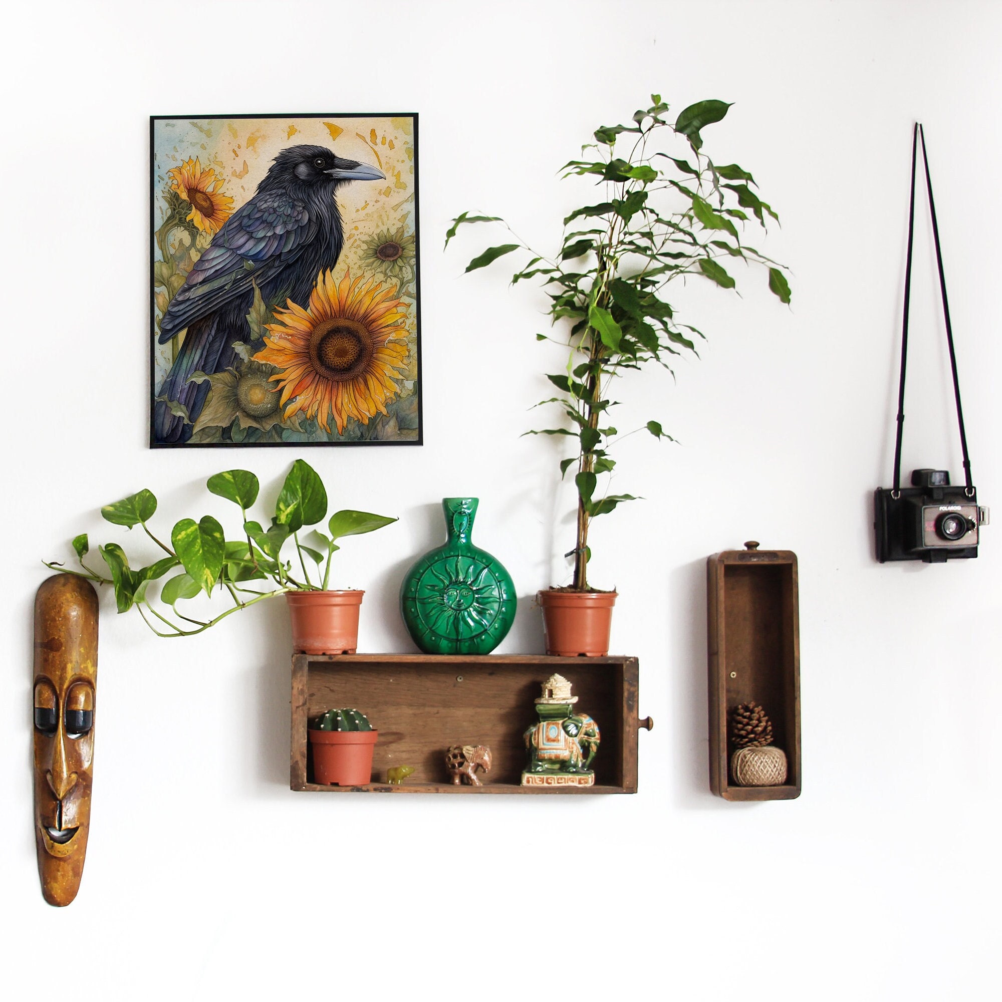 Moody Raven Wall Art Sunflower Crow Gift for Him Corvus Art Decor Raven ...