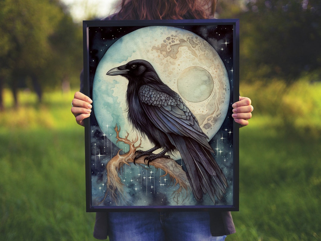 Full Moon Crow Art Decor Gift for Her Corvus Art Decor for Him Raven ...
