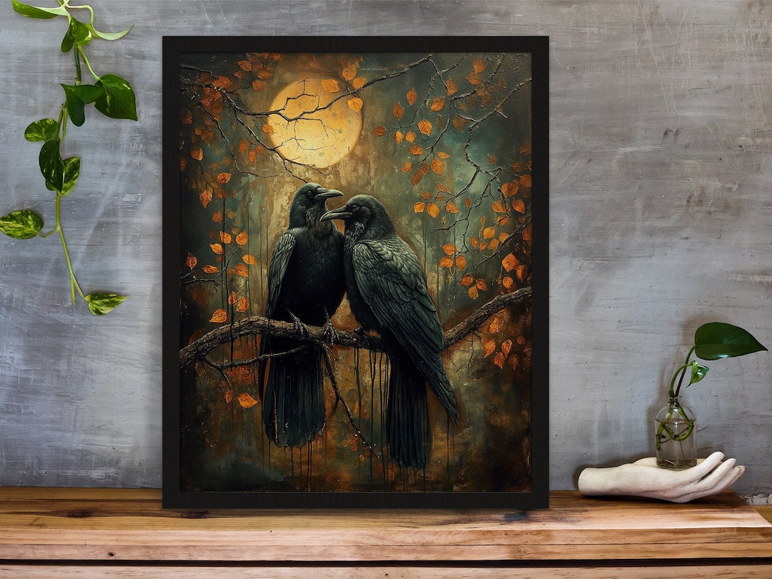 Full Moon Raven Art Gift for Her, Physical Corvus Art Decor, Majestic ...