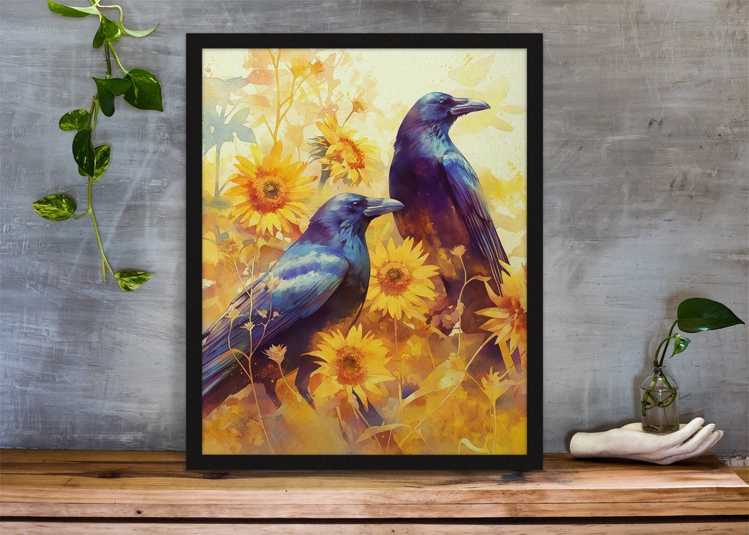 Sunflower Crow Gift for Him Moody Raven Wall Art Physical Corvus Art ...