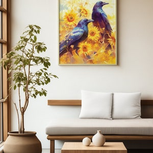 Sunflower Crow Gift for Him Moody Raven Wall Art Physical Corvus Art ...
