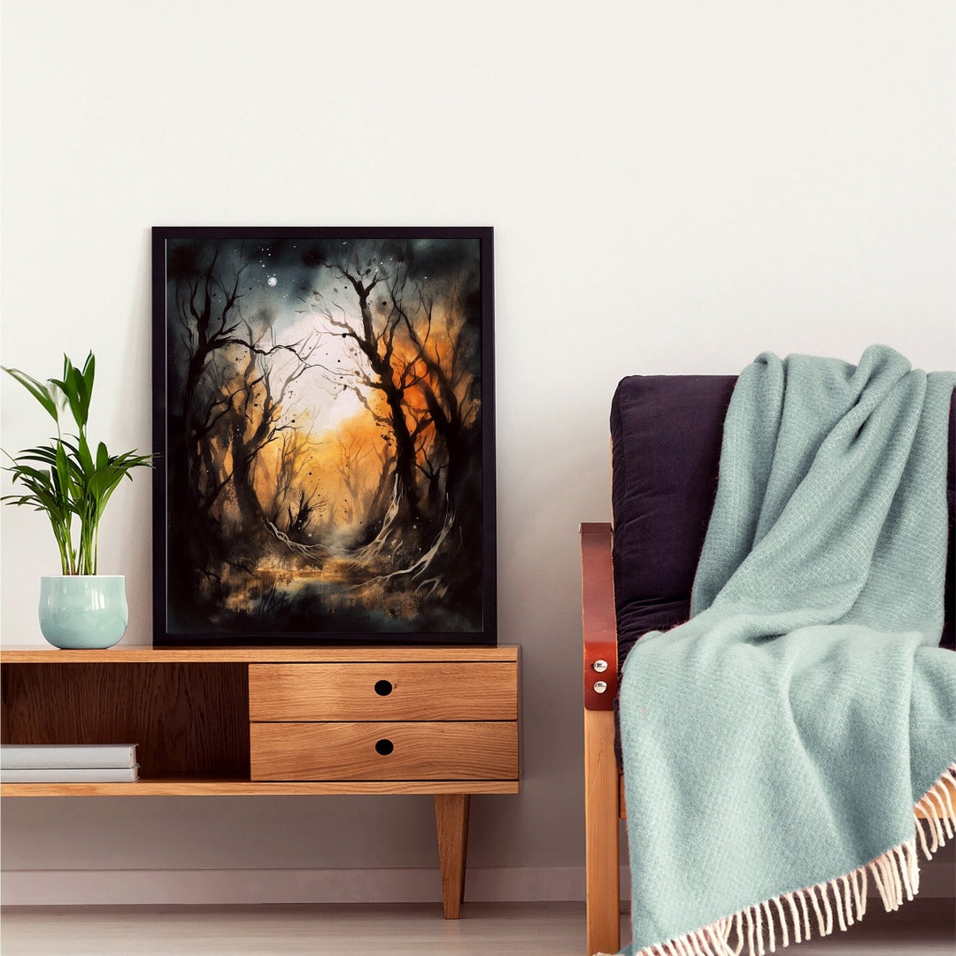 Printable Spooky Art Halloween Forest Path Painting Dark Watercolor ...