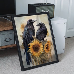 Sunflower Raven Art Gift for Her, Physical Corvus Art Decor, Majestic ...