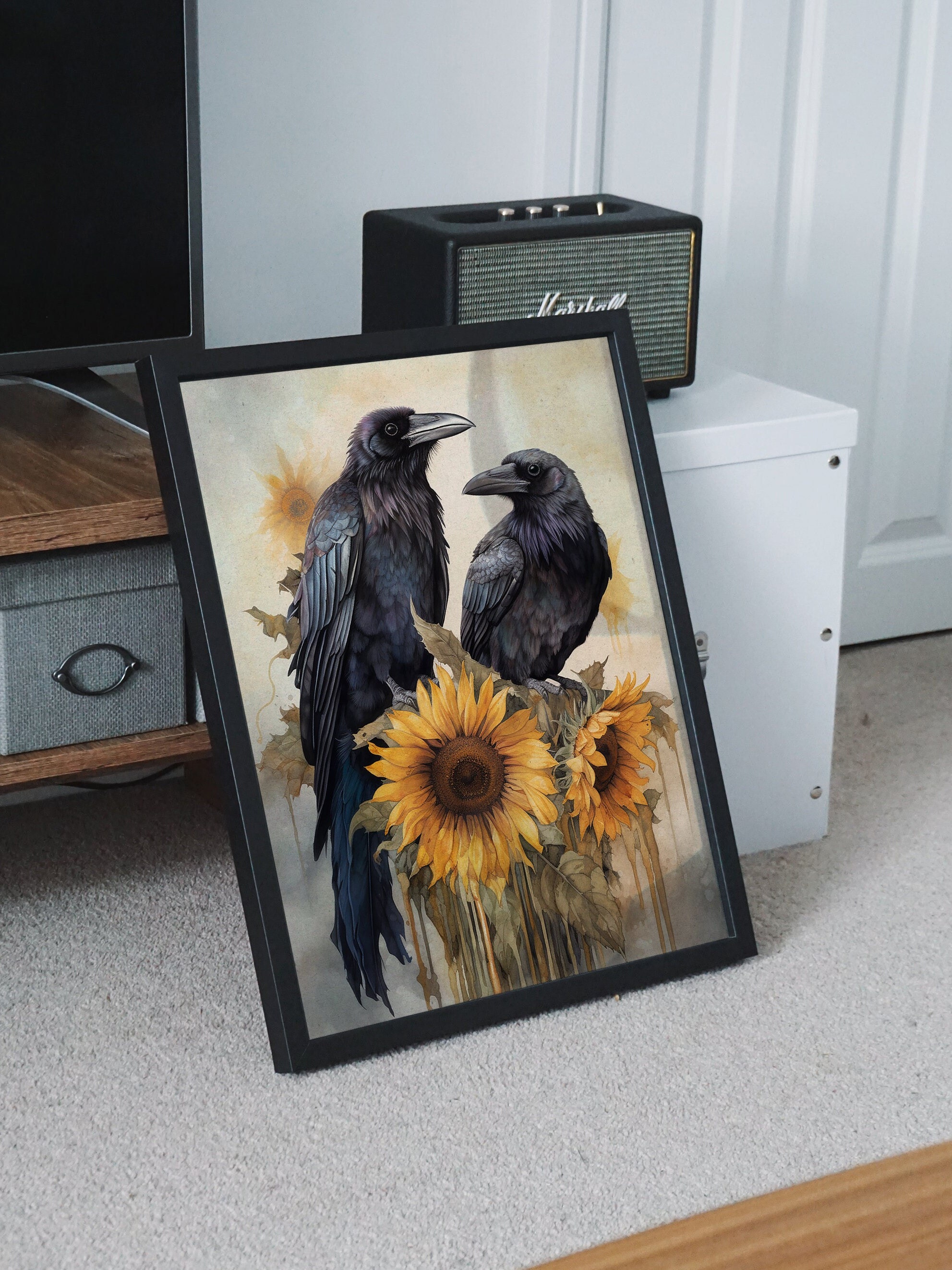 Sunflower Crow Gift for Him Moody Raven Wall Art Corvus Art Decor Raven ...