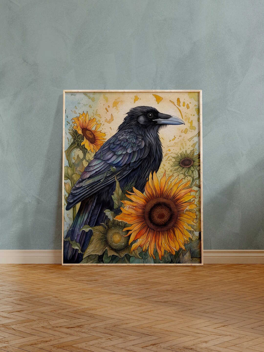 Raven Gift for Her Crow Sunflower Art Print Gift Digital Corvus Art ...