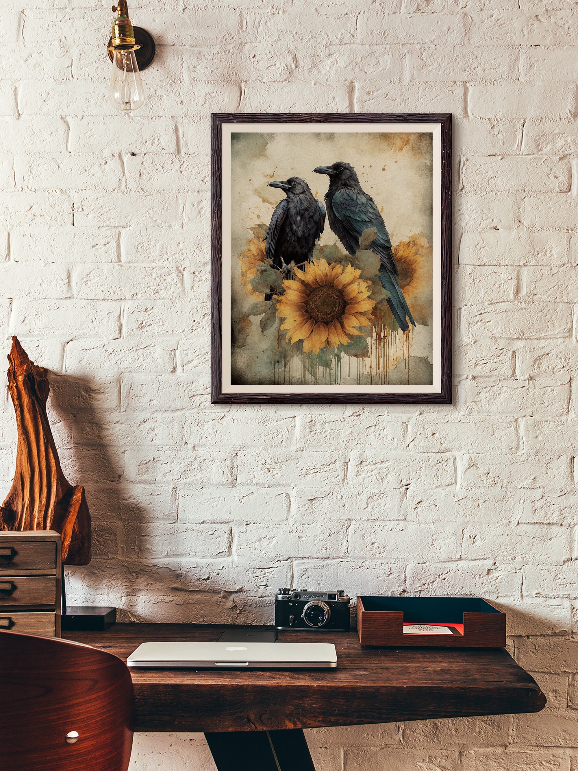 Raven Gift for Him Crow Sunflower Art Print Gift Digital Corvus Art ...