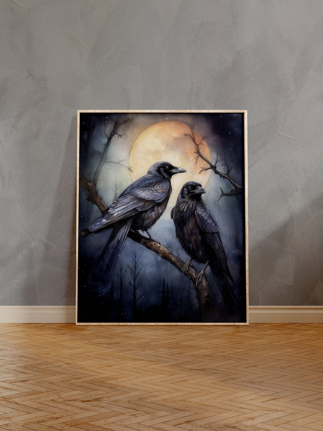 Full Moon Crow Art Decor Gift for Her Corvus Art Decor for Him Raven ...