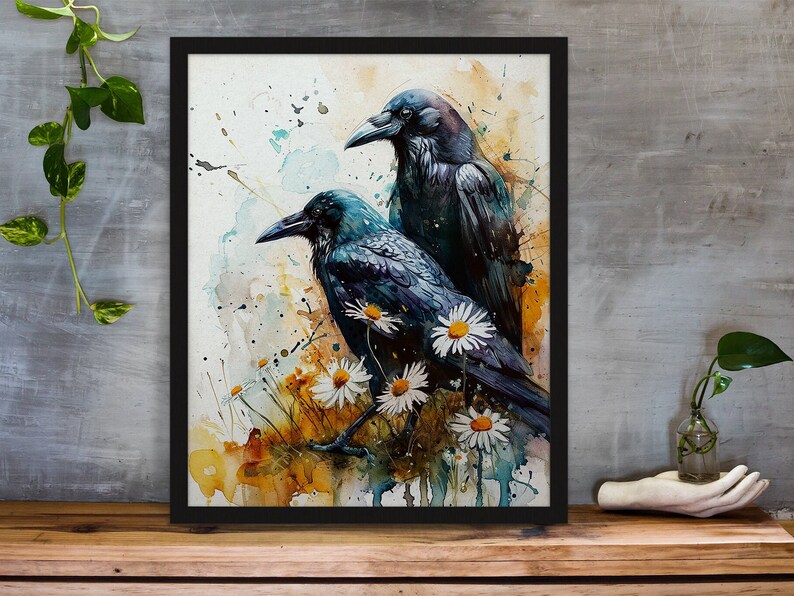Moody Raven Wall Art Daisy Crow Art Gift for Him Corvus Art Decor Daisy Art Gift for Her Raven ...