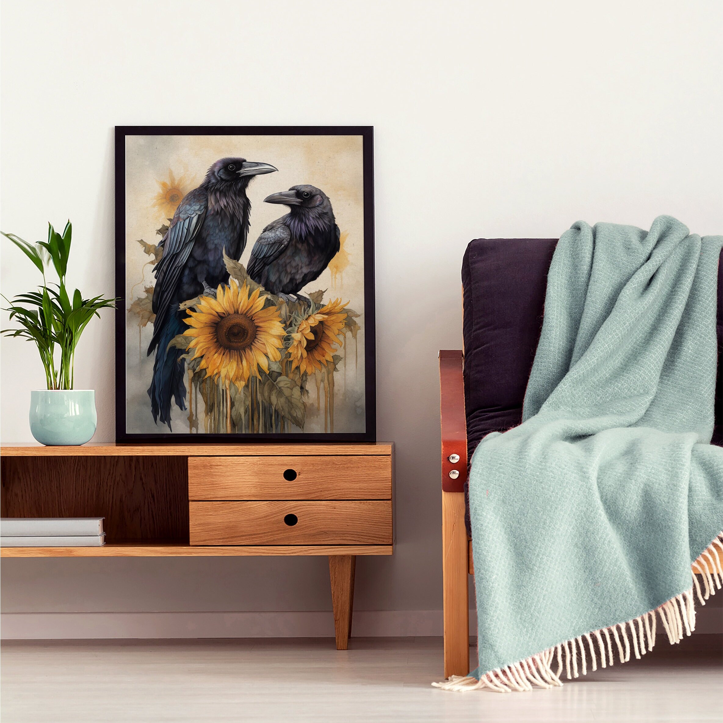 Sunflower Raven Art Gift for Her, Physical Corvus Art Decor, Majestic ...