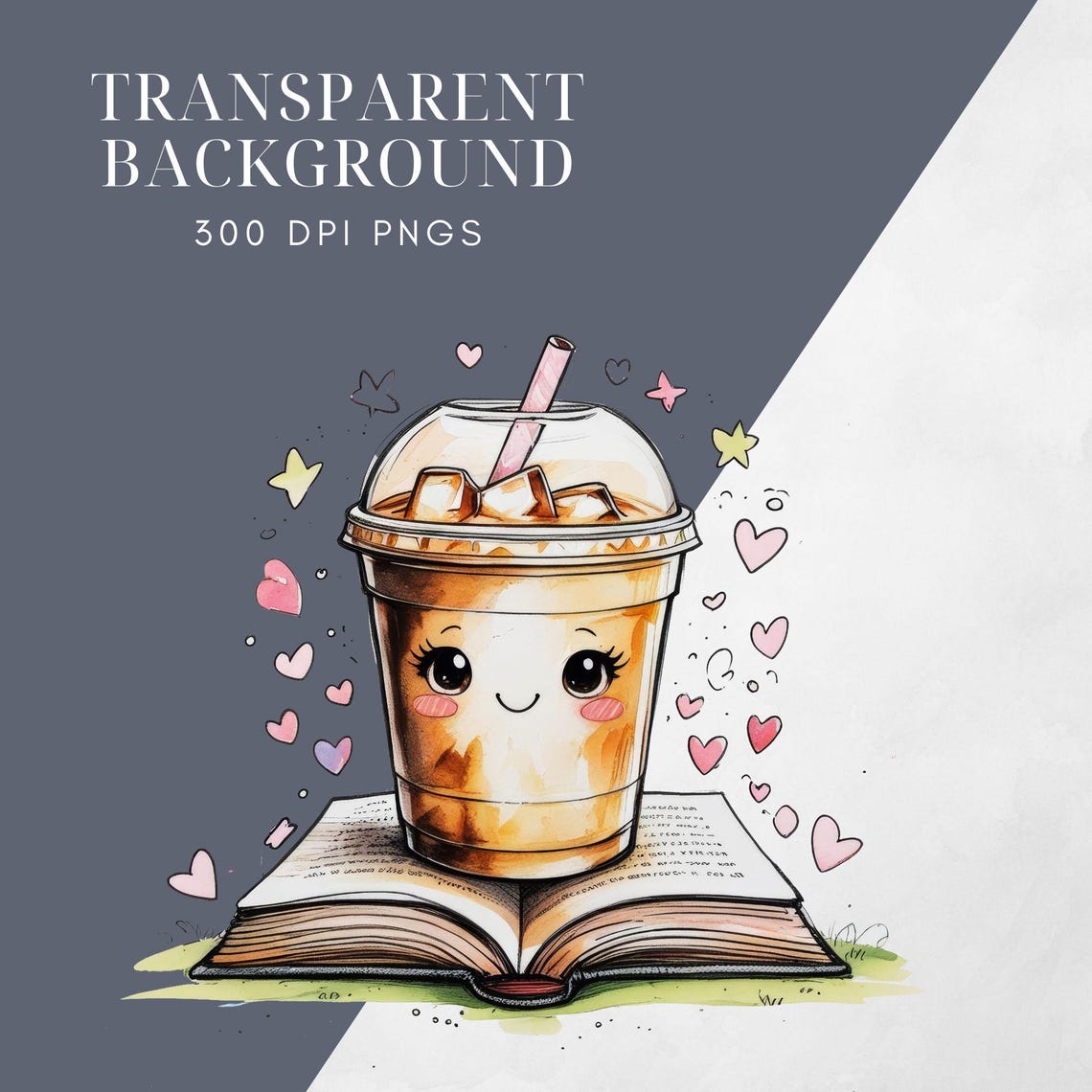 Iced Coffee and Books PNG Trendy Kawaii Retro Design Printable ...