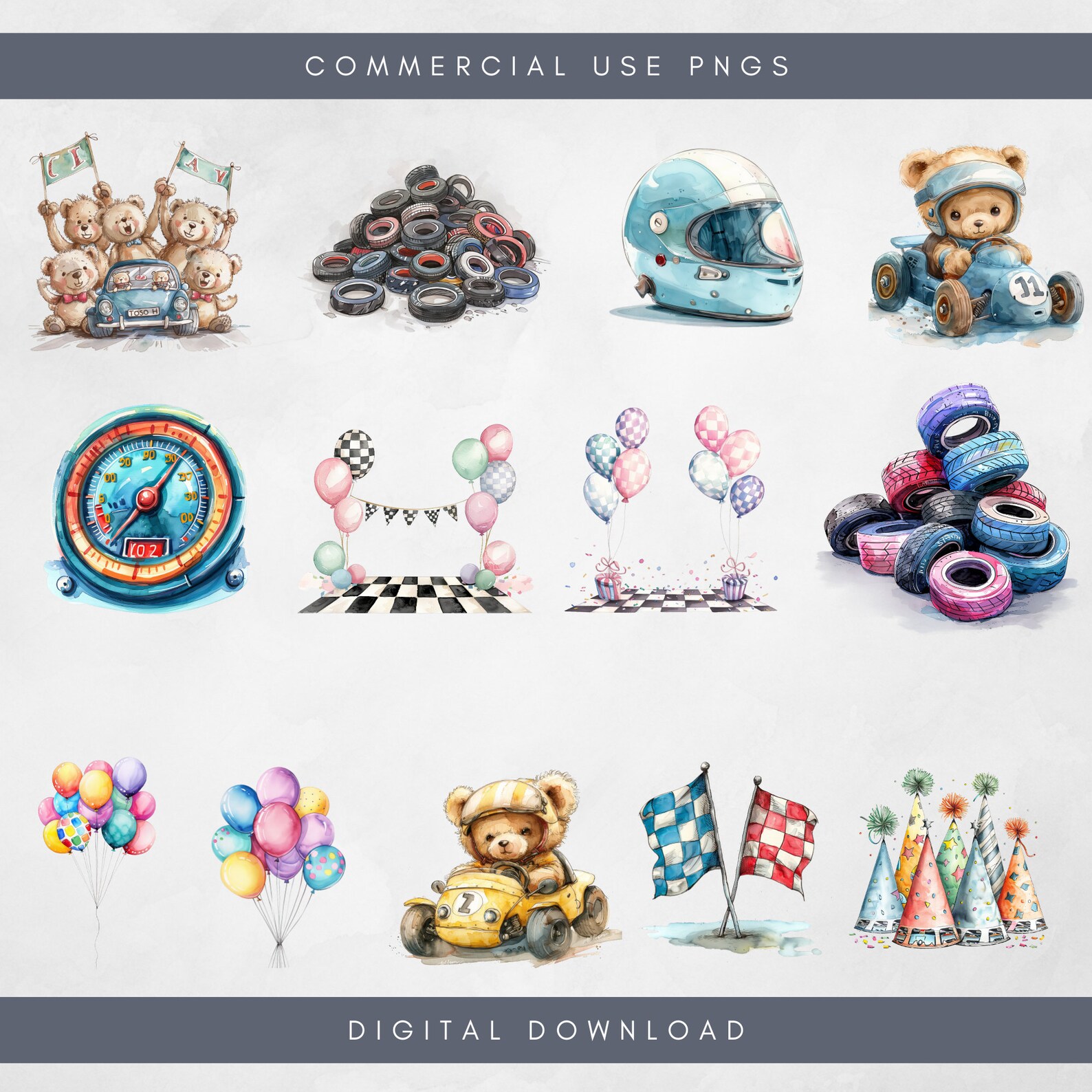 Vintage Teddy Bear Racing Clipart, Watercolor Cars Birthday Elements ...