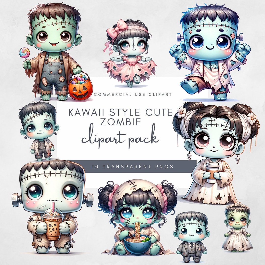 Cute Frankenstein PNG Kawaii Zombie Digital Design for Kids Halloween ...