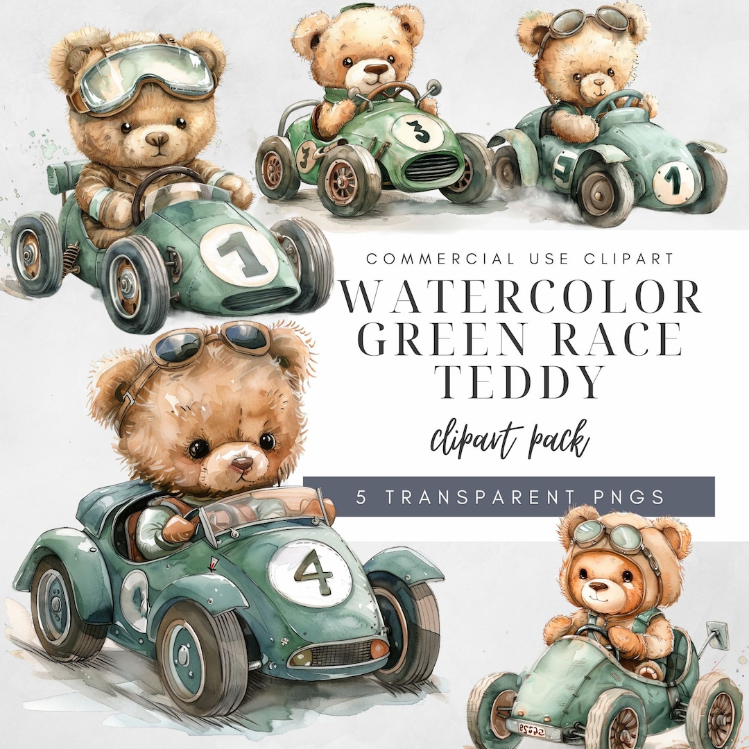 Cute Watercolor Teddy Bear Race Car PNG Green Race Car Clipart Instant ...