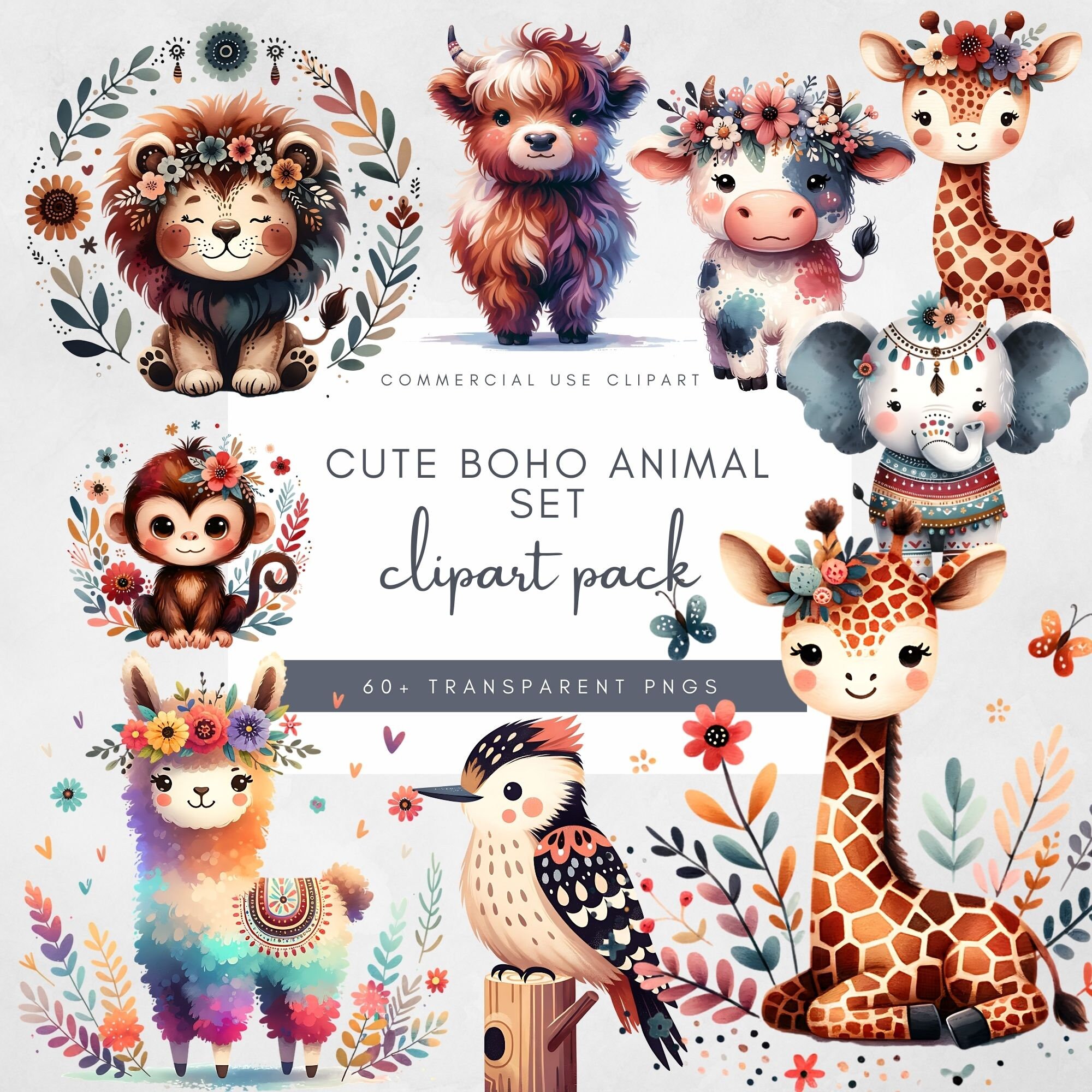 Boho Animals Watercolor Clipart Bundle Cute Wall Art Nursery Decor Baby ...
