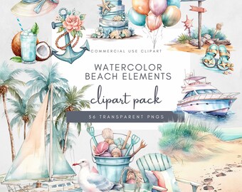 Summer Beach Watercolor Clipart Bundle Vacation Clip Art Boho Tropical ...