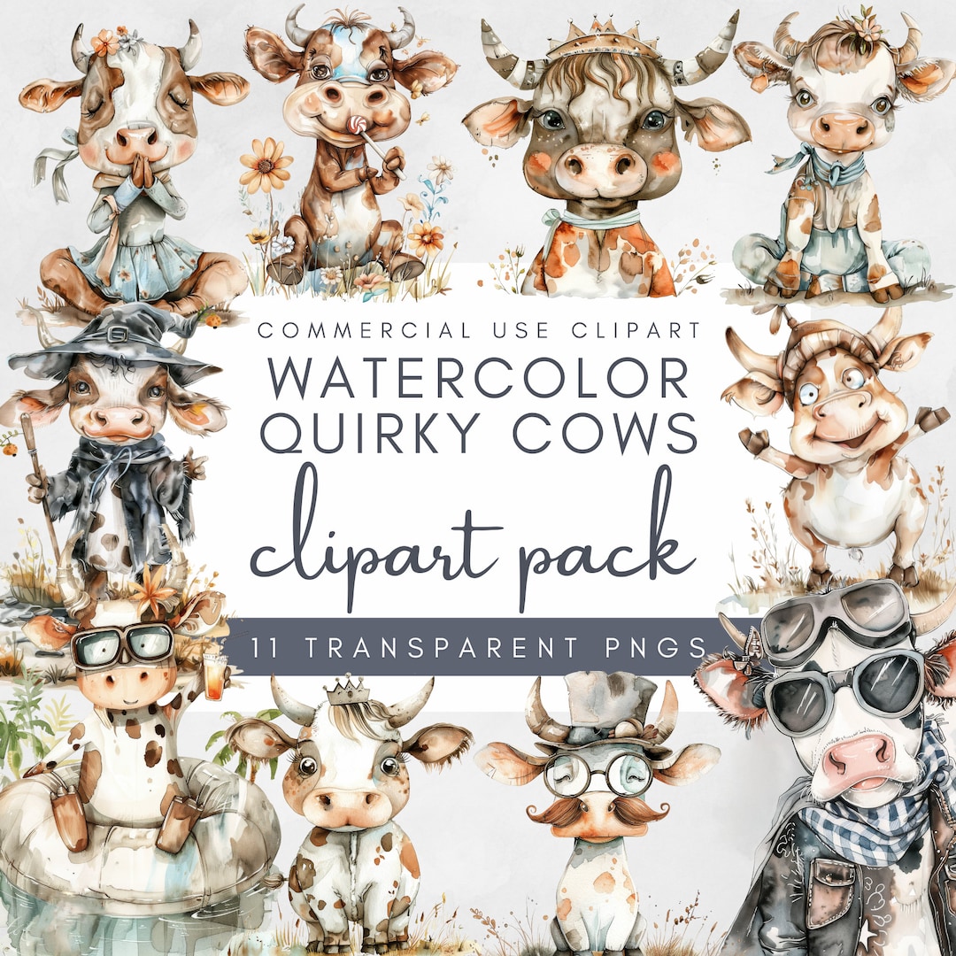 Watercolor Quirky Cow Clipart, Whimsical Animal Png, Funny Cow Graphic ...