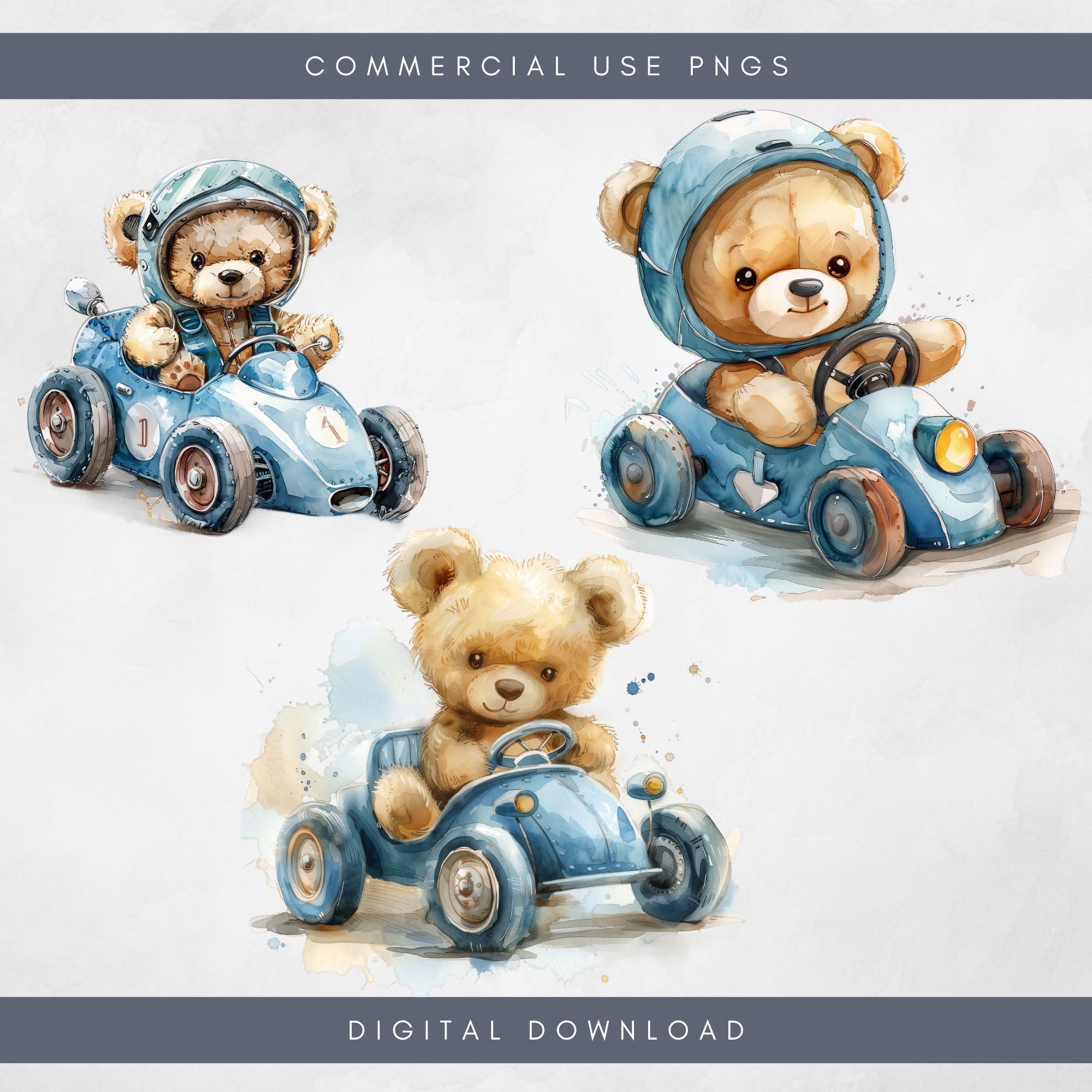 Cute Watercolor Teddy Bear Race Car PNG Blue Race Car Clipart Instant ...