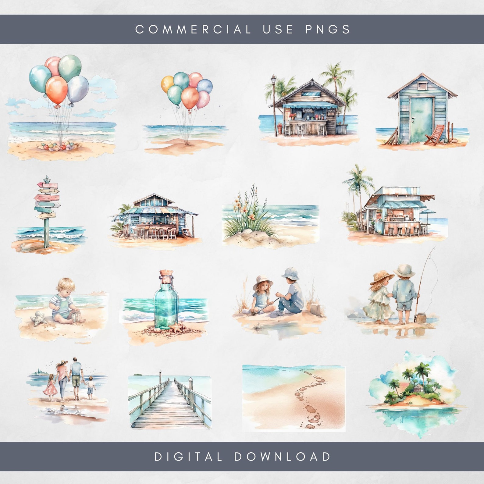 Summer Beach Watercolor Clipart Set, Vacation Clip Art, Boho Tropical ...