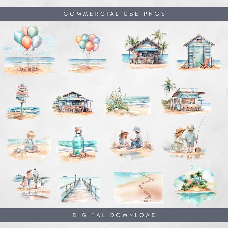 Summer Beach Watercolor Clipart Set, Vacation Clip Art, Boho Tropical ...