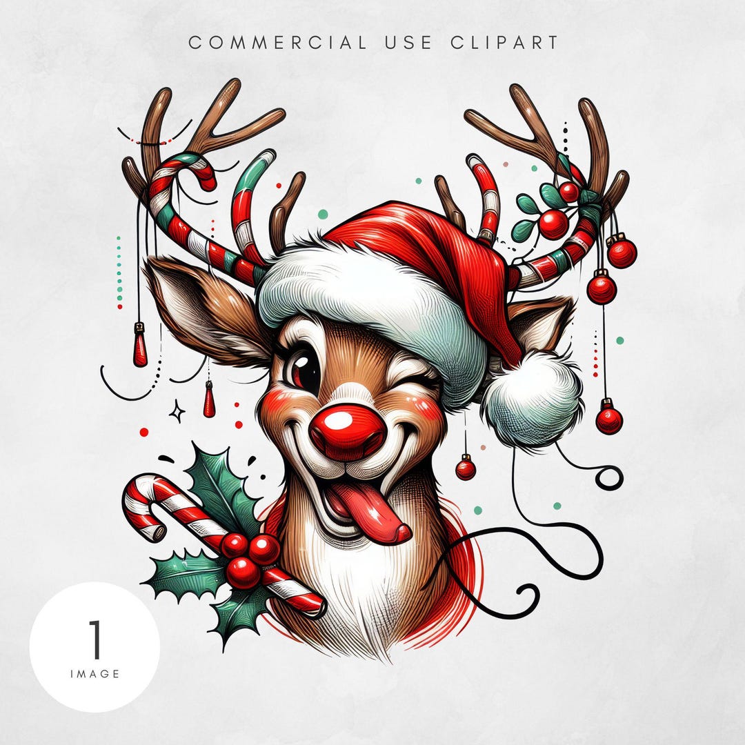 Watercolor Quirky Reindeer PNG Funny Winking Xmas Reindeer PNG Cartoon ...