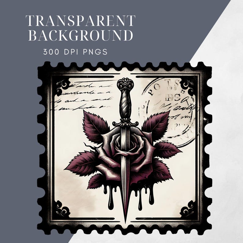 Dark Fantasy Bookish PNG Gothic Postage Stamp Clipart Dagger and Purple ...