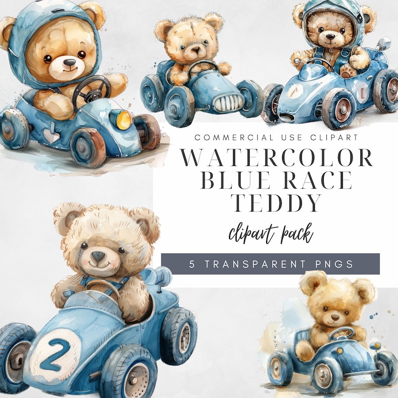 Cute Watercolor Teddy Bear Race Car PNG Blue Race Car Clipart Instant ...
