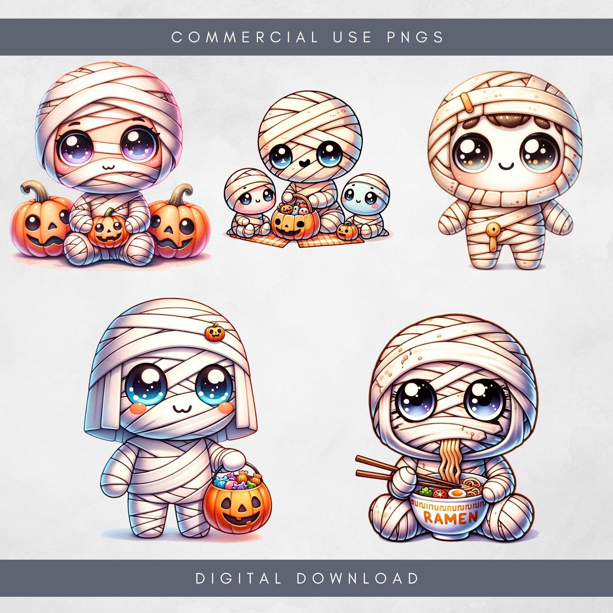 Kawaii Mummy PNG Cute Orange and Black Party Clip Art Bundle Happy ...