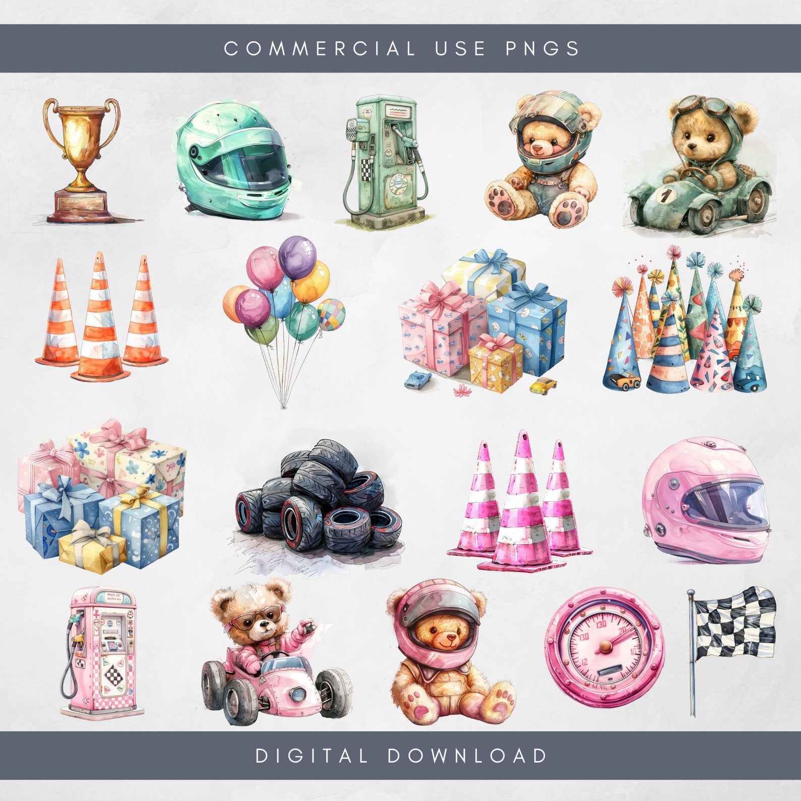 Vintage Teddy Bear Racing Clipart, Watercolor Cars Birthday Elements ...