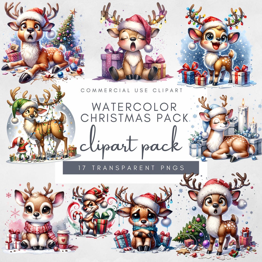 Watercolor Quirky Reindeer Clipart, Funny Reindeer PNG, Christmas ...