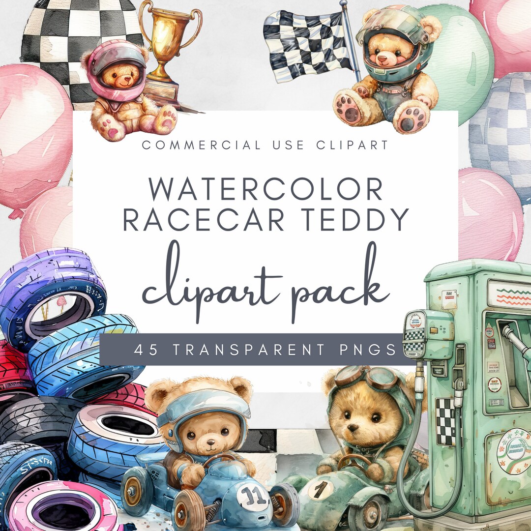 Vintage Teddy Bear Racing Clipart, Watercolor Cars Birthday Elements ...