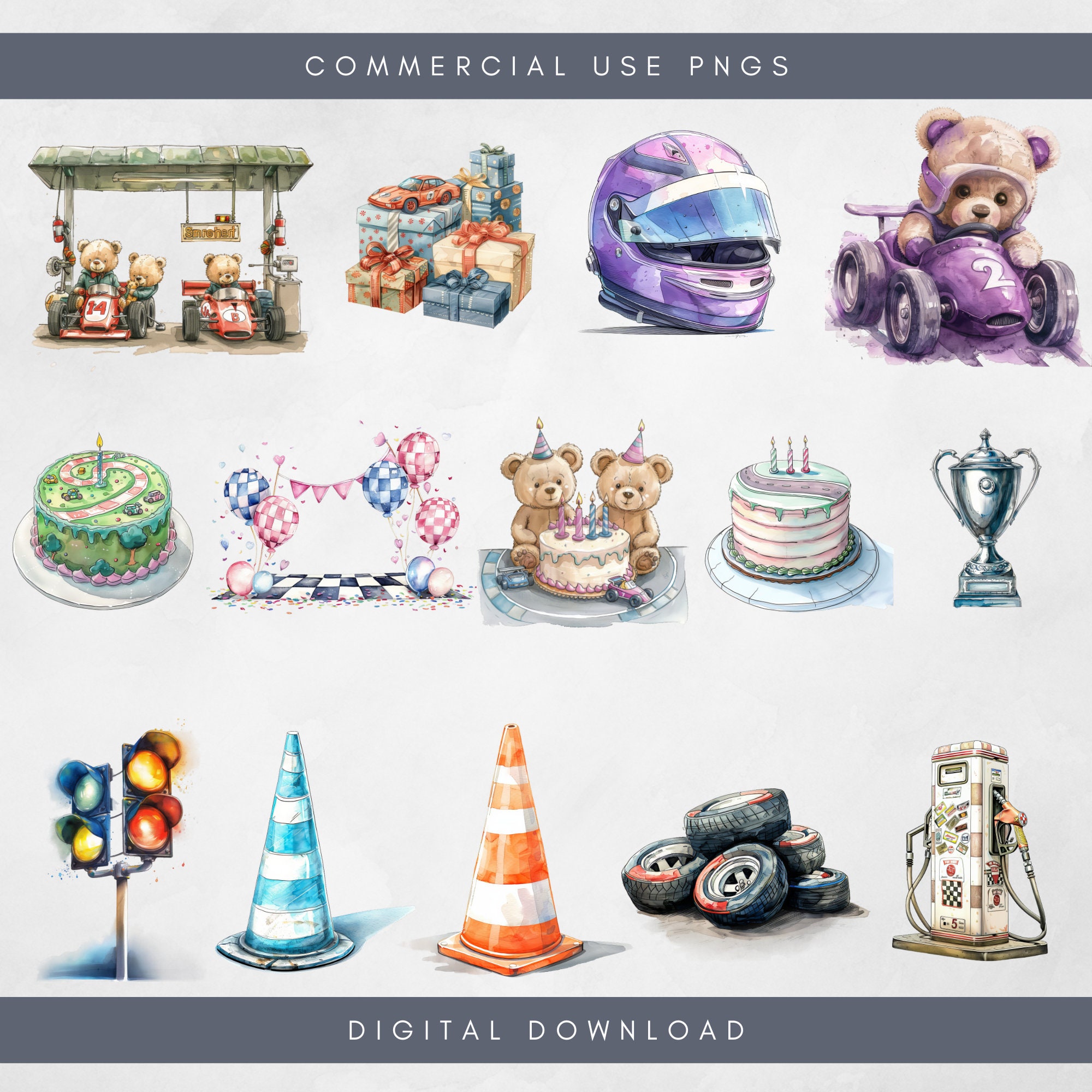 Vintage Teddy Bear Racing Clipart, Watercolor Cars Birthday Elements ...