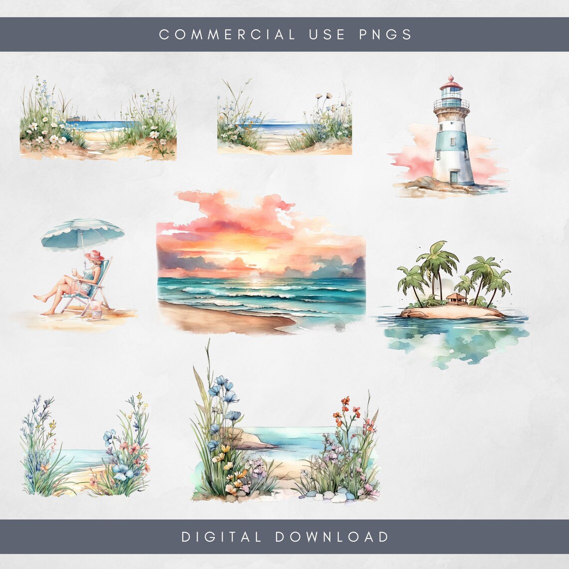 Summer Beach Watercolor Clipart Set, Vacation Clip Art, Boho Tropical ...