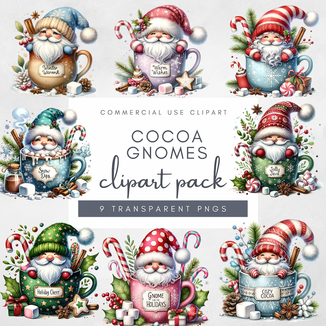 Watercolor Hot Cocoa Gnomes Clipart, Cute Christmas Gnomes Clipart ...