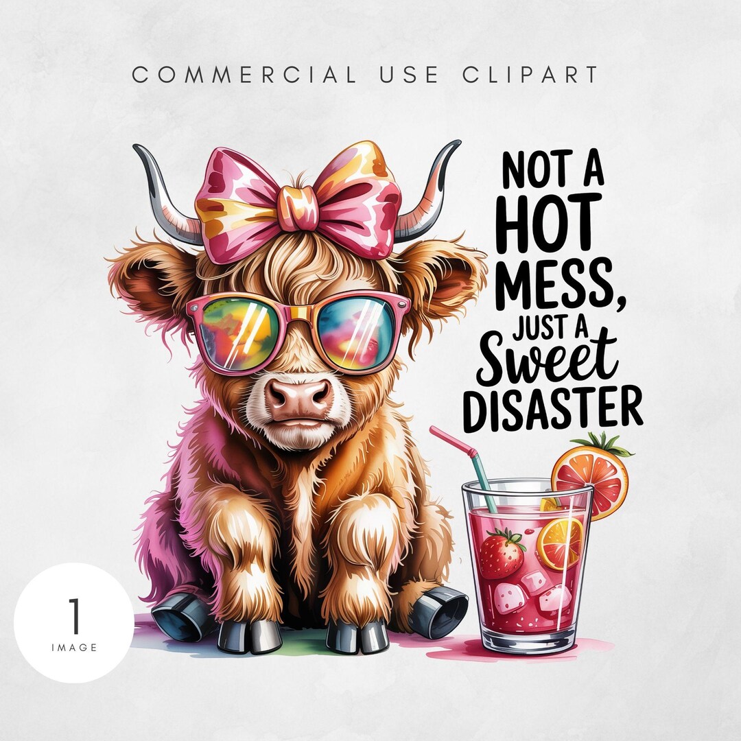 Hot Mess Cow PNG, Funny Highland Cow Design, Cute Cow Clipart, Digital ...