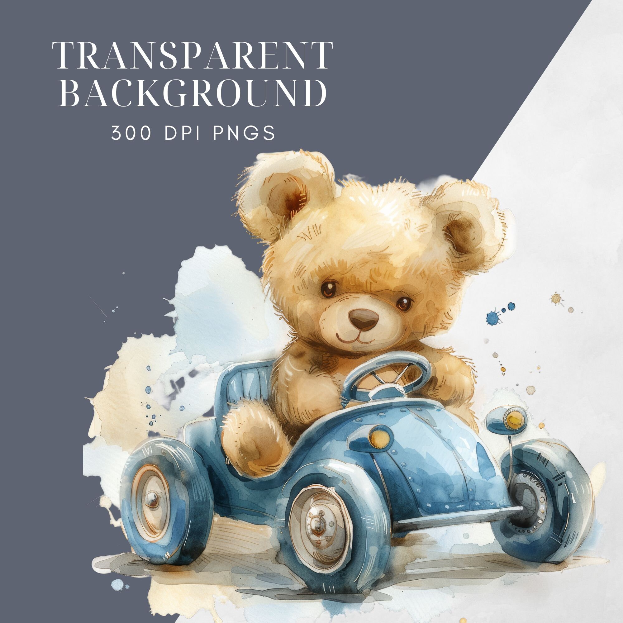 Cute Watercolor Teddy Bear Race Car PNG Blue Race Car Clipart Instant ...