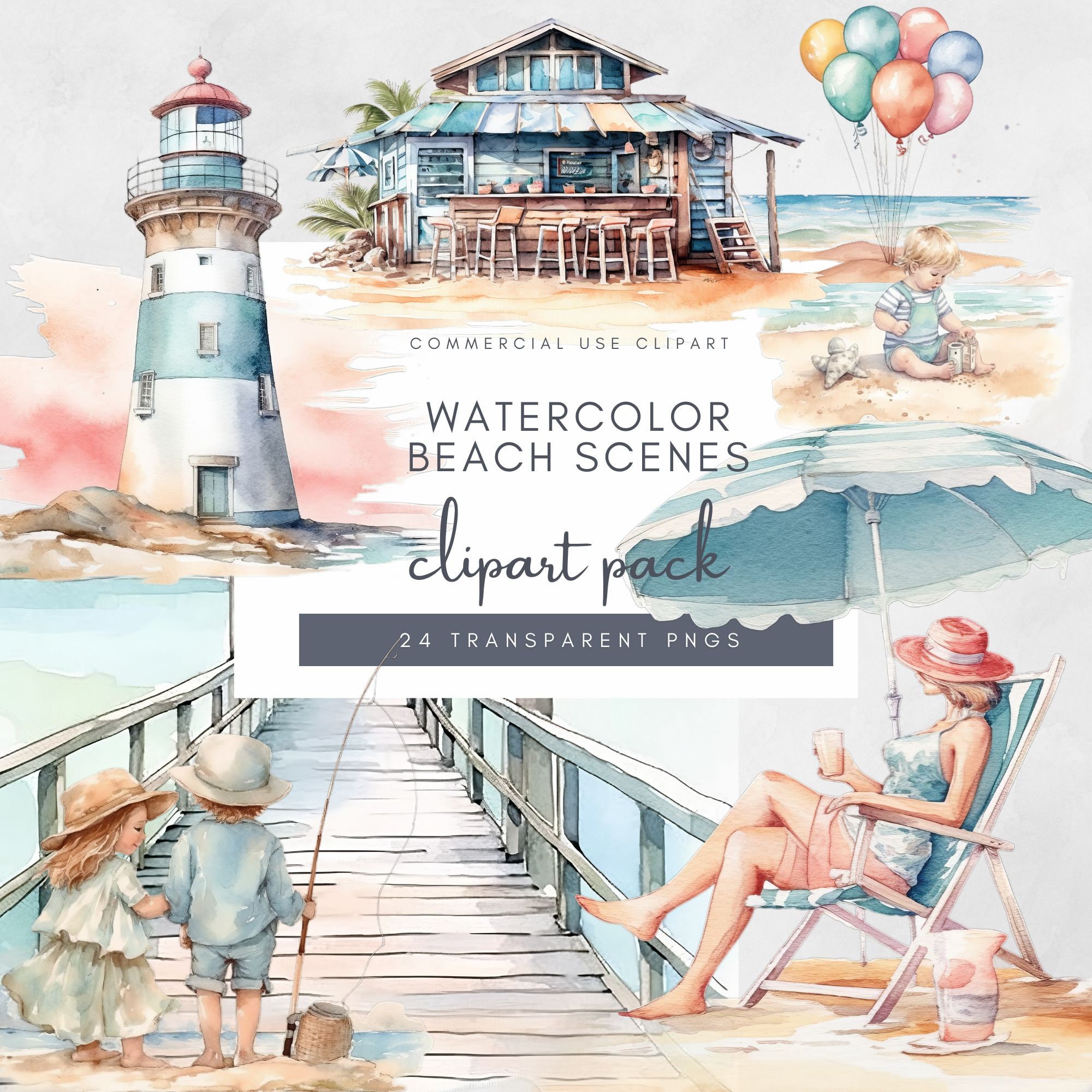 Summer Beach Watercolor Clipart Set, Vacation Clip Art, Boho Tropical ...