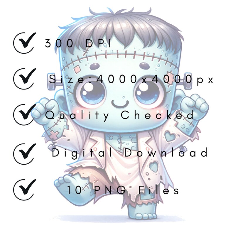 Cute Frankenstein PNG Kawaii Zombie Digital Design for Kids Halloween ...