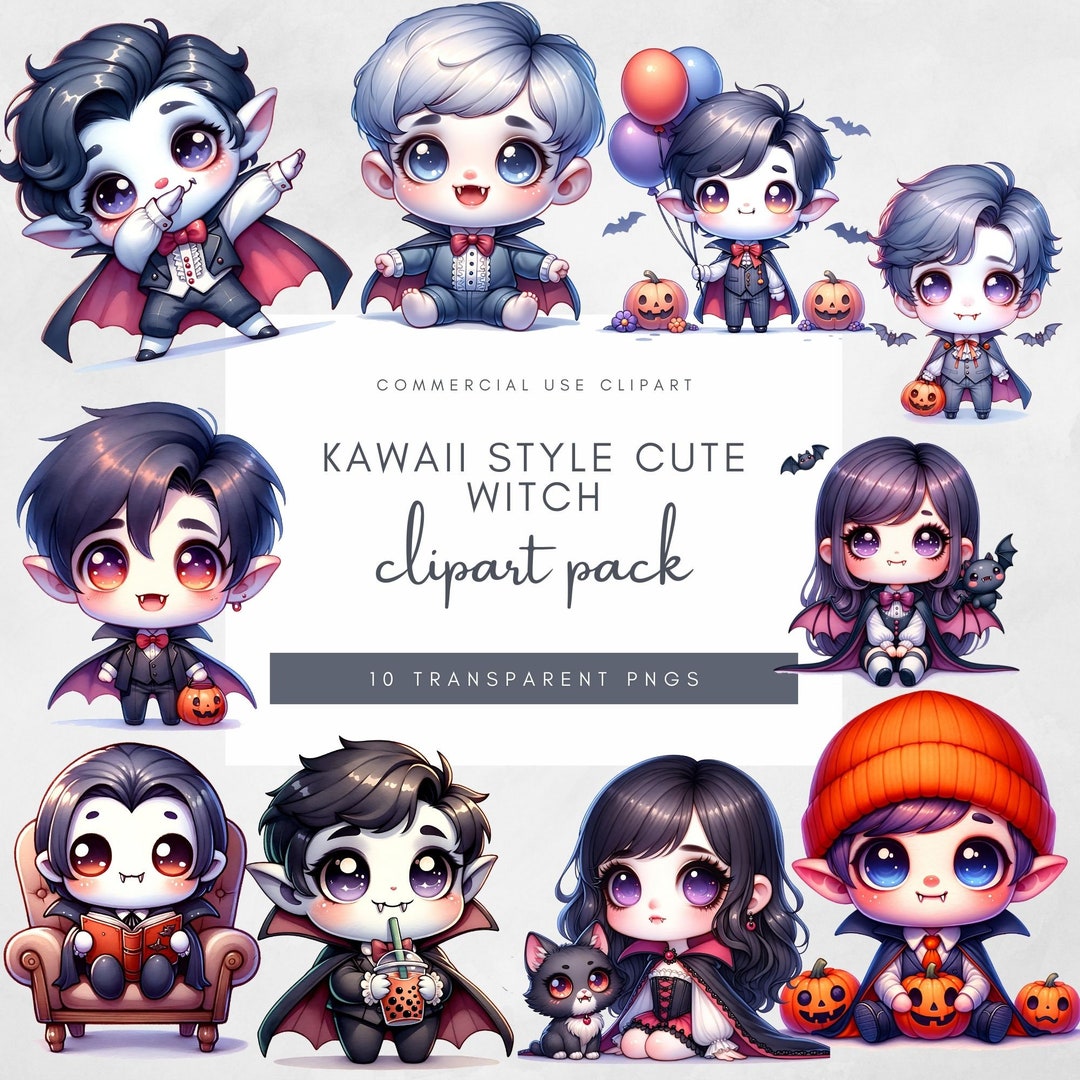 Kawaii Vampire PNG Cute Orange and Black Party Clip Art Bundle Happy ...