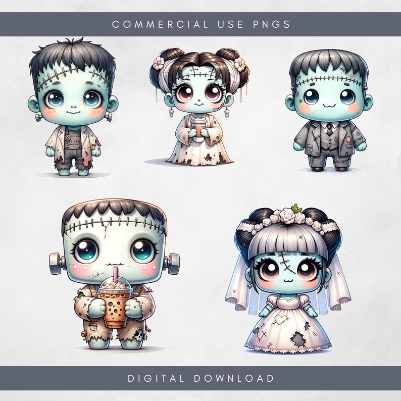 Cute Frankenstein PNG Kawaii Zombie Digital Design for Kids Halloween ...