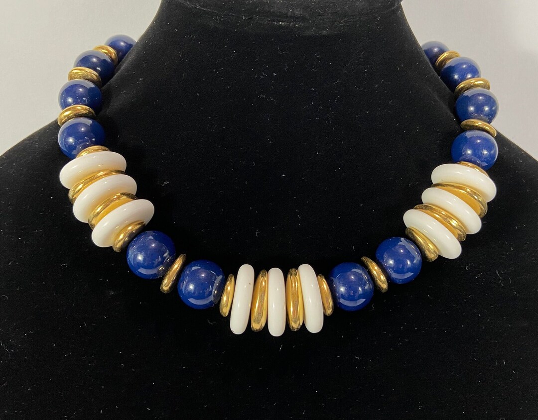 Classic Large Beaded Napier Vintage Necklace Navy Blue White Gold Tone ...