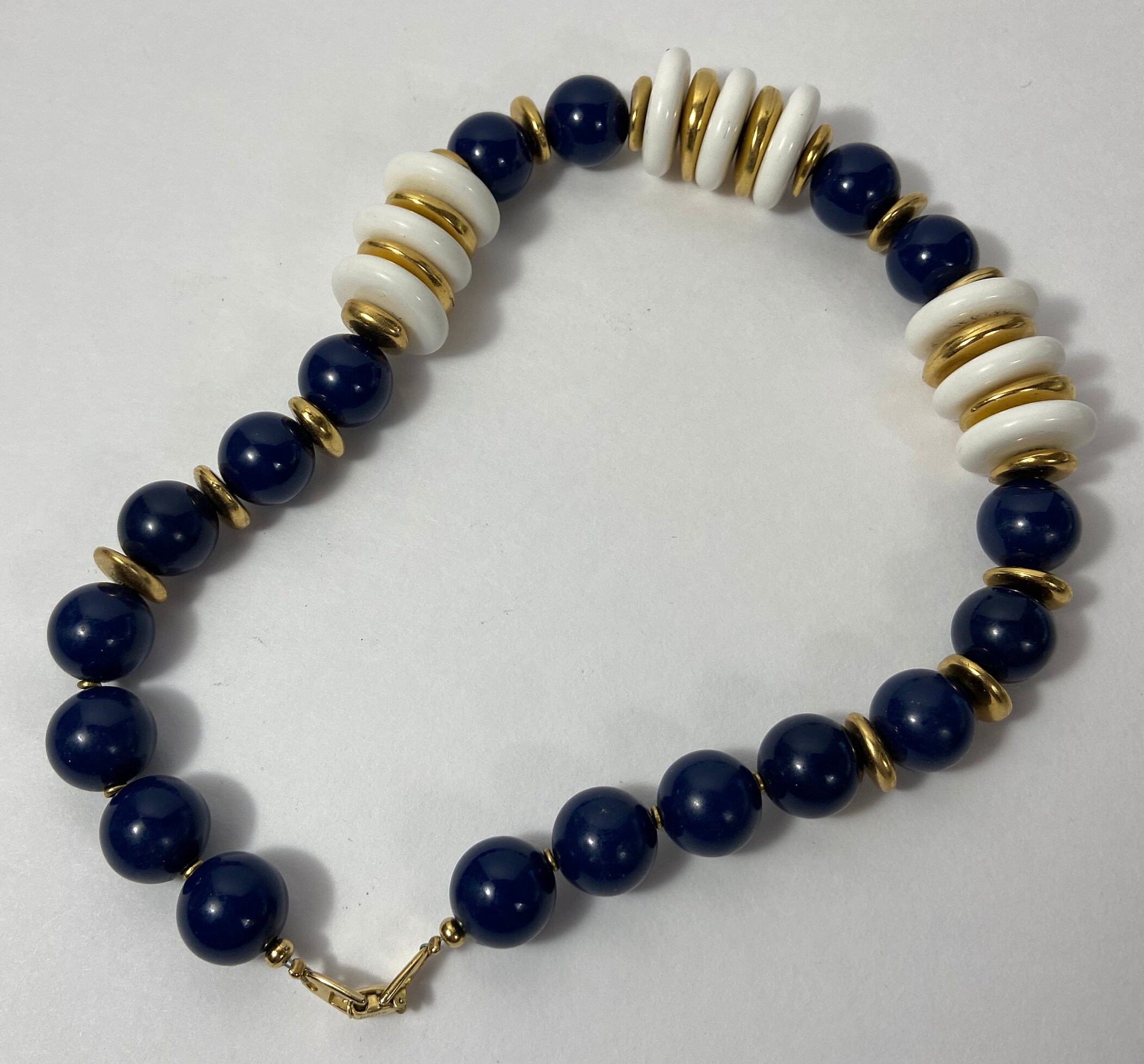Classic Large Beaded Napier Vintage Necklace Navy Blue White Gold Tone ...