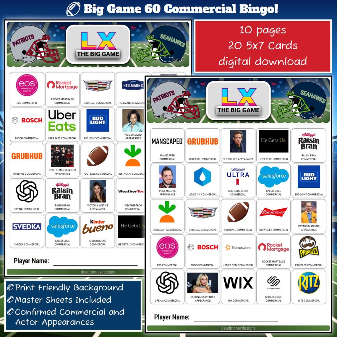 Big Game Commercials Bingo 2026 | 20 Card Set | Instant Download - Etsy