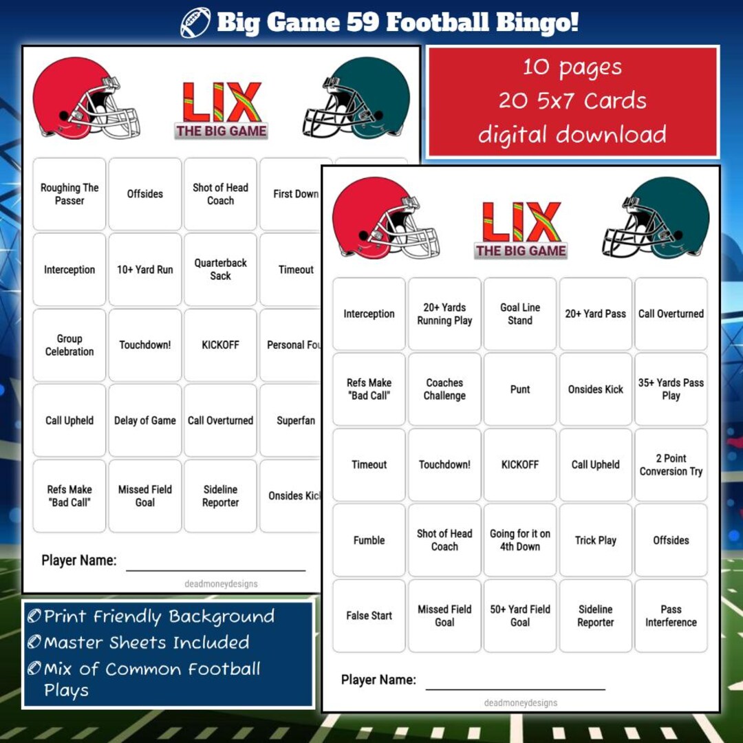 Big Game Football Bingo 2025 | 20 Card Set | Instant Download - Etsy