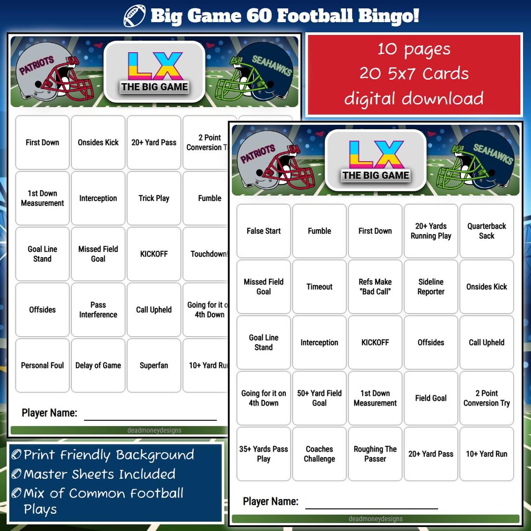 Big Game Football Bingo 2026 | 20 Card Set | Instant Download - Etsy