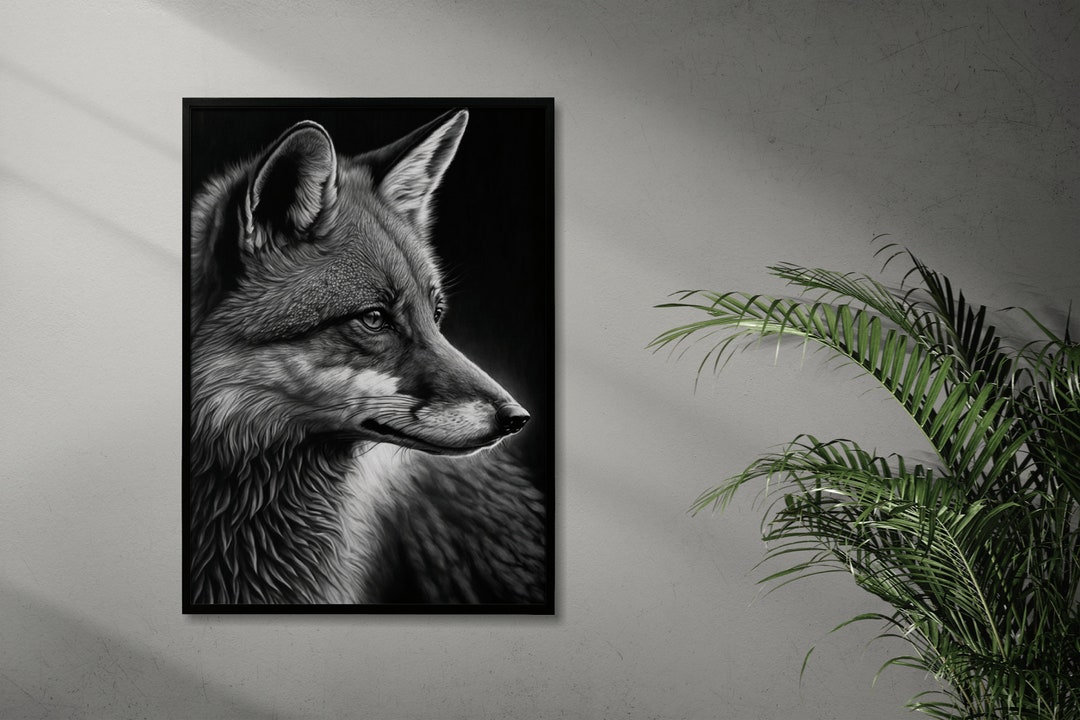 Fox Charcoal Drawing Printable Fox Artwork Black and White Animal Print ...