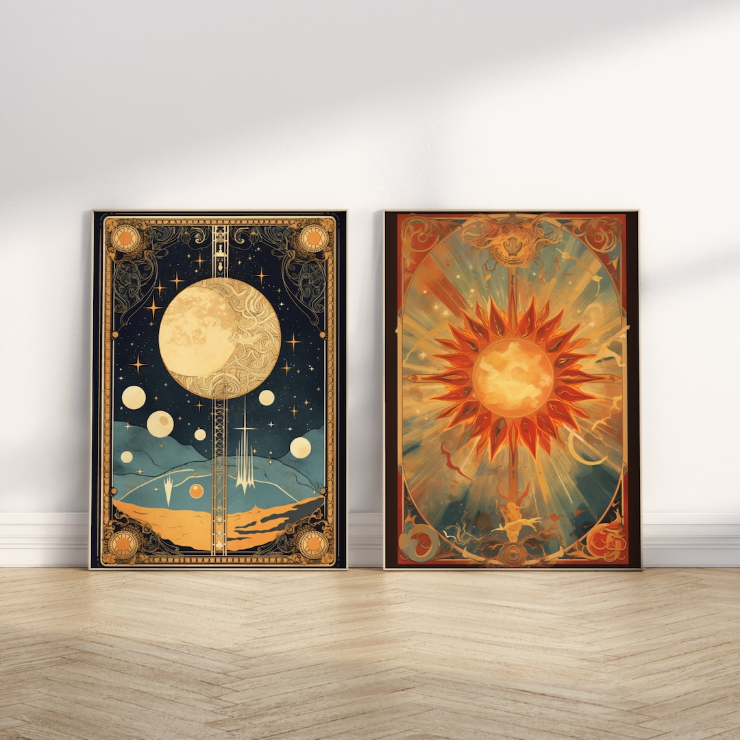The Sun and Moon Tarot Cards Set of 2 | Printable Tarot Card Art ...