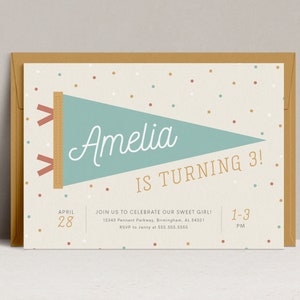 Pennant Birthday Party Invitation, Editable Retro Teal Flag Party ...